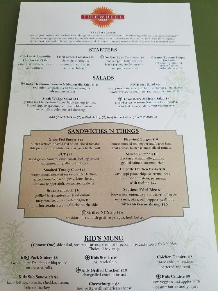 Menu at Firewheel Cafe at Hyatt Regency Lost Pines Resort and Spa, Wyldwood