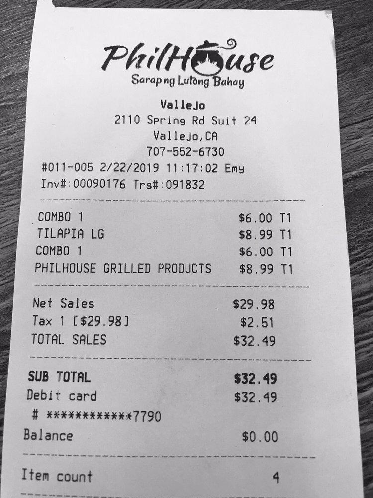 Menu at PhilHouse restaurant, Vallejo, Oakwood Ave