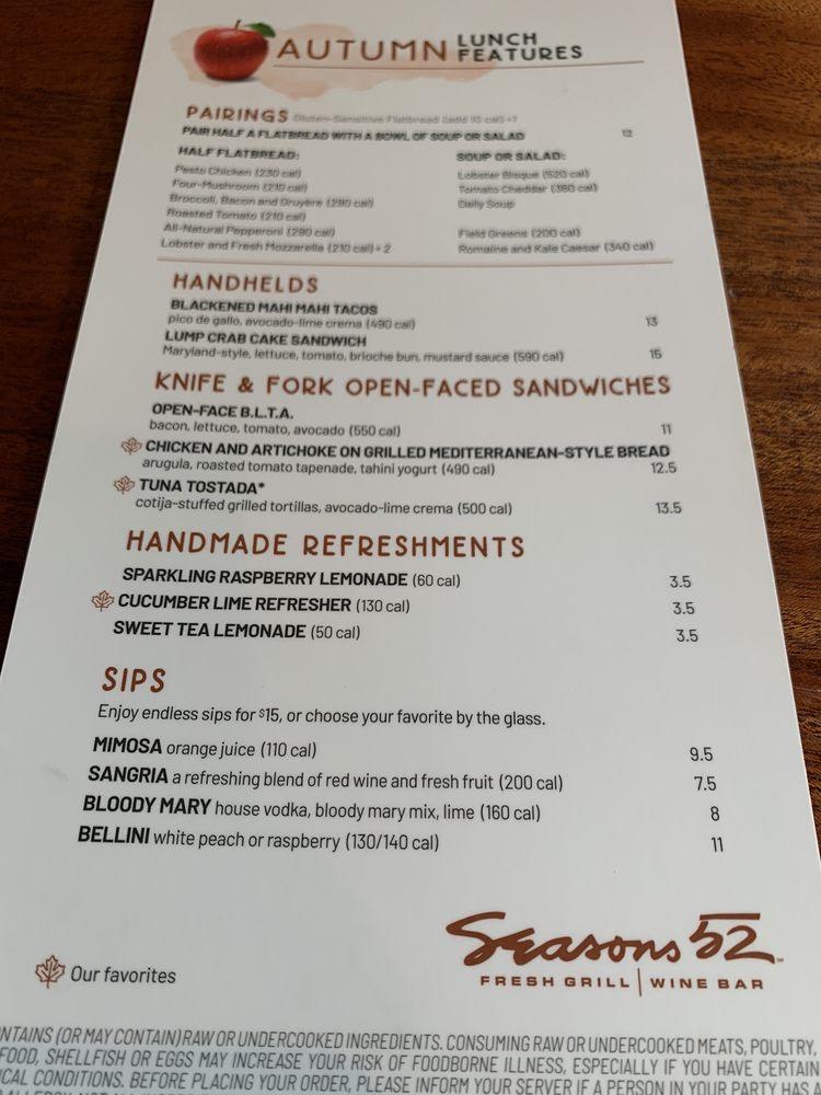 Menu at Seasons 52 pub & bar, Boca Raton