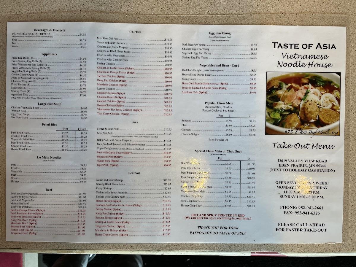 Menu at Taste of Asia restaurant, Eden Prairie