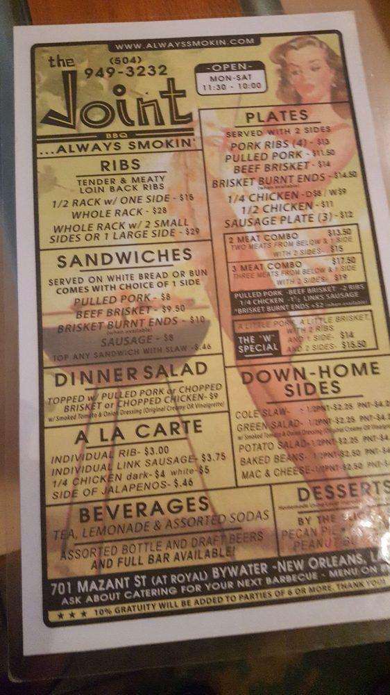 Menu at The Joint BBQ, New Orleans, 701 Mazant St