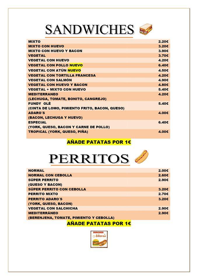Carta del restaurante Hamburguesería Adaros, San Martín del Valdeiglesias
