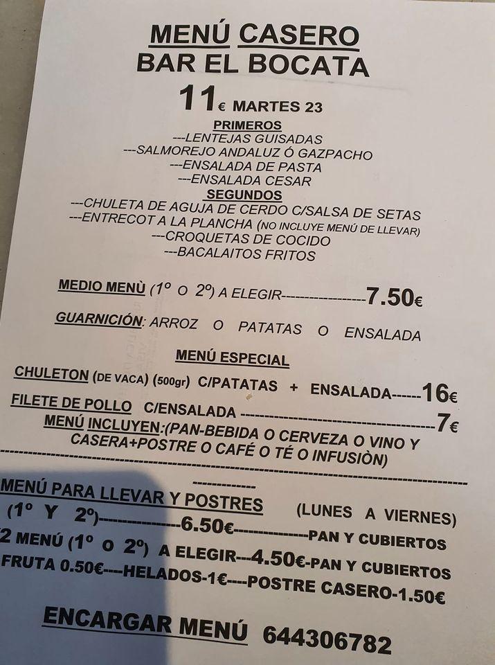 Menu at El Bocata pub & bar, Madrid