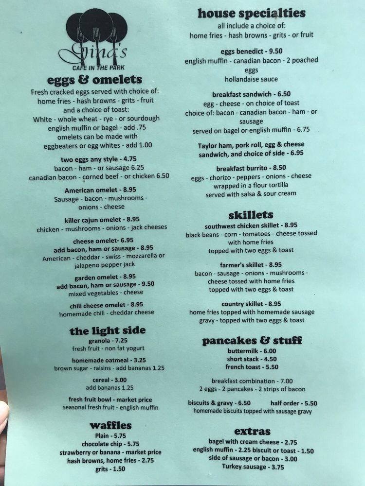 Menu at Gina's Cafe In the Park, Naples