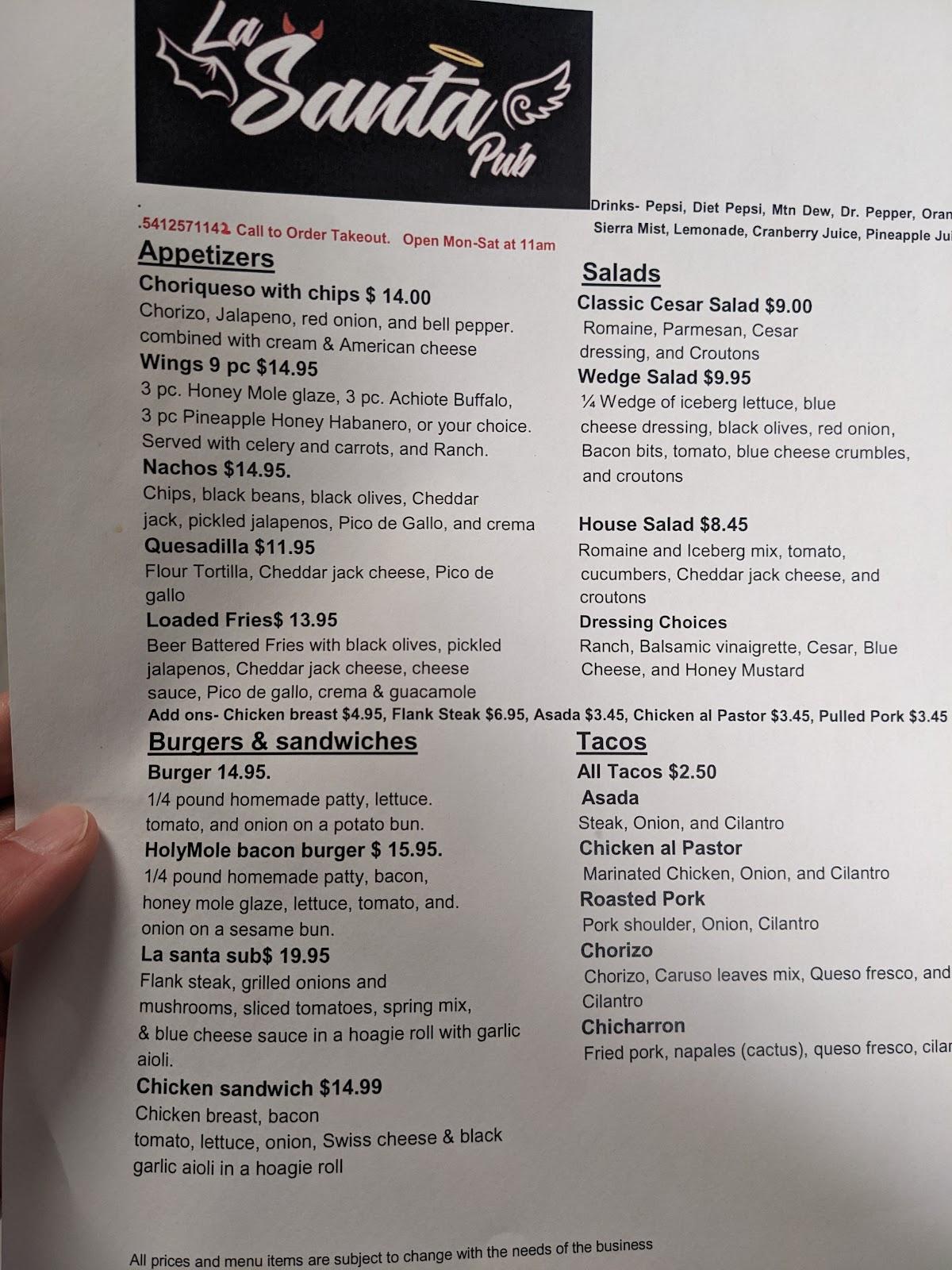 Menu at La Santa Pub, Corvallis