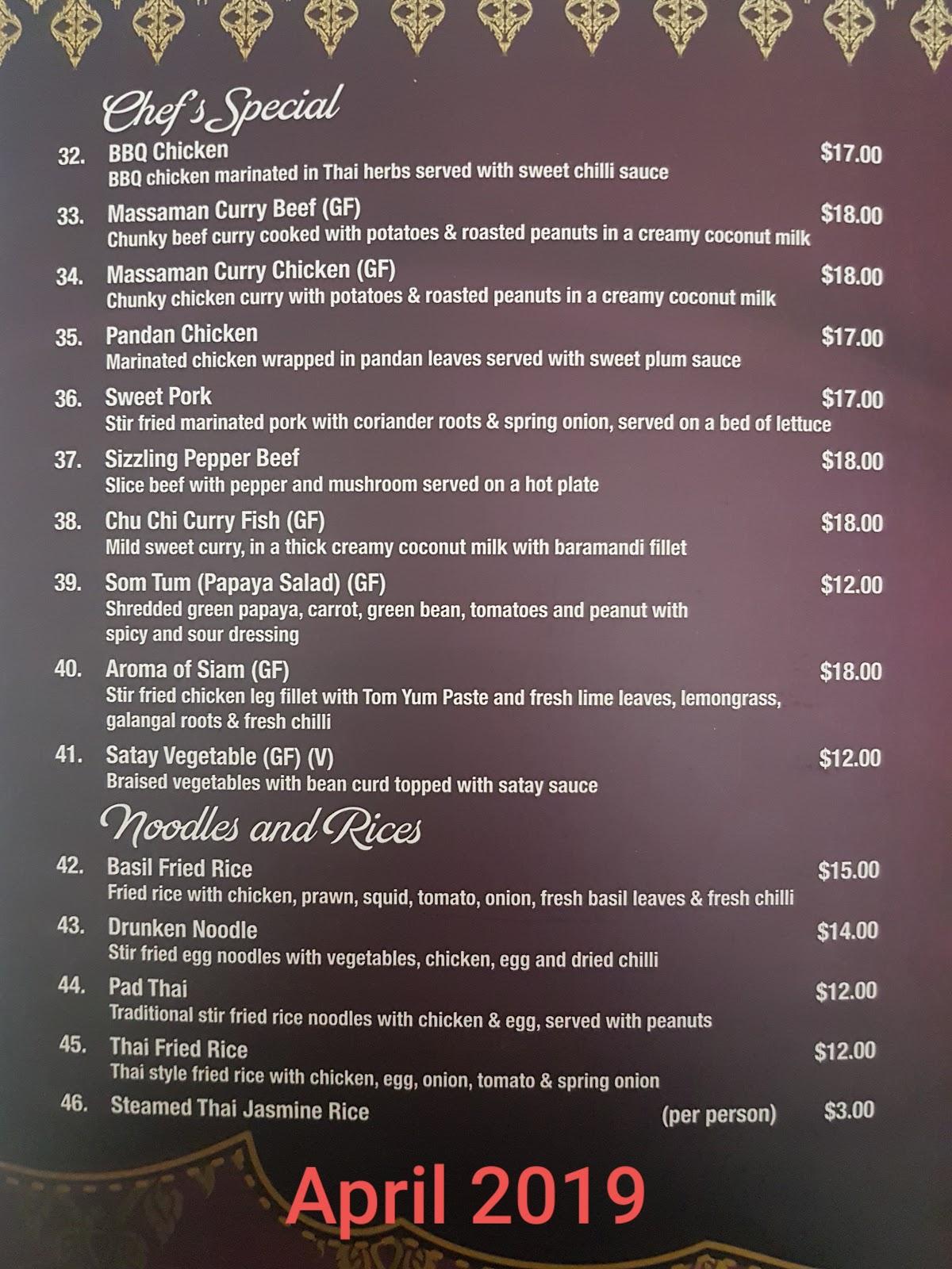 Menu at Manee Siam Thai Restaurant, Goodwood