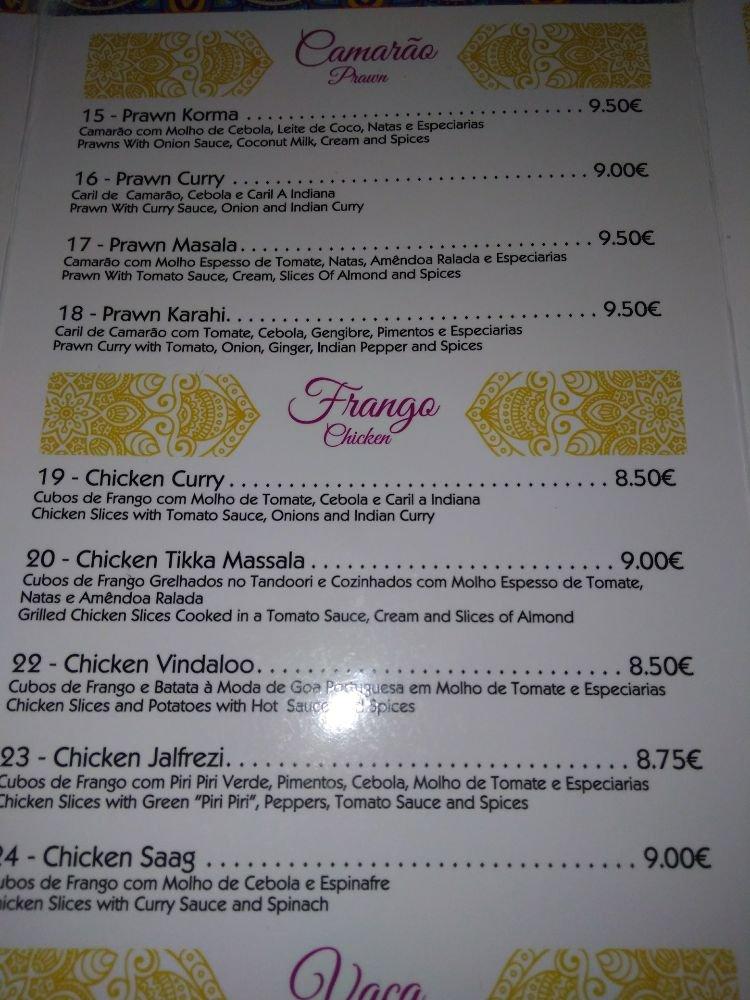 Menu at Marrakesh restaurant, Lisbon