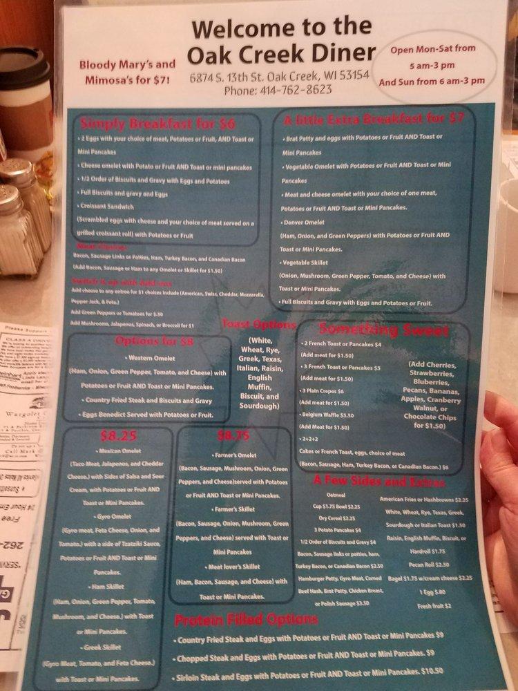Menu at Oak Creek Diner restaurant, Oak Creek