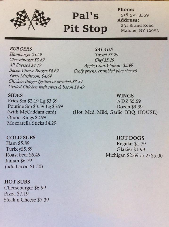 Menu at Pal's Pit Stop restaurant, Malone