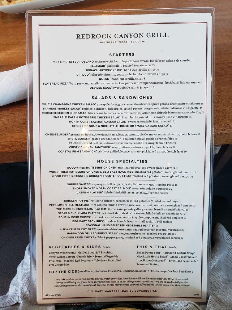 Menu at Redrock Canyon Grill restaurant, Southlake