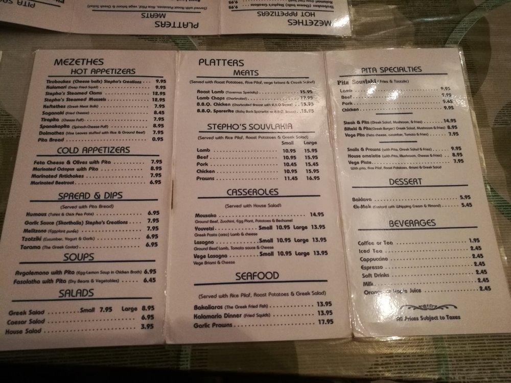 Menu at Stepho's Souvlaki Greek Taverna restaurant, Vancouver, Davie St