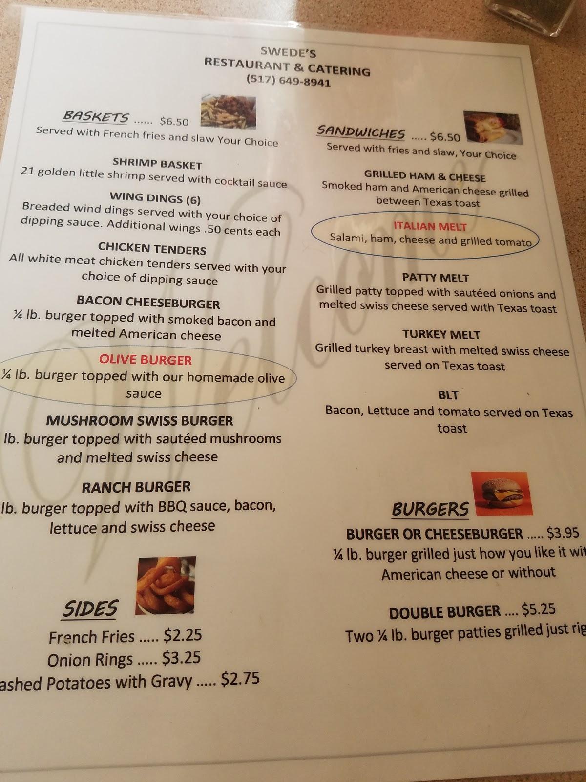 Menu at Swedes Restaurant, Mulliken
