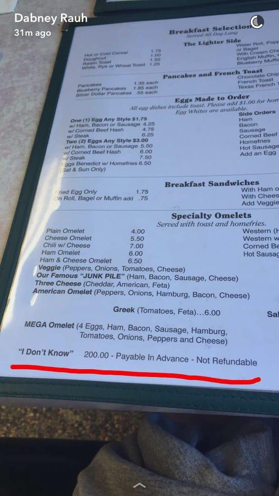 Menu at Al's Diner restaurant, Chicopee