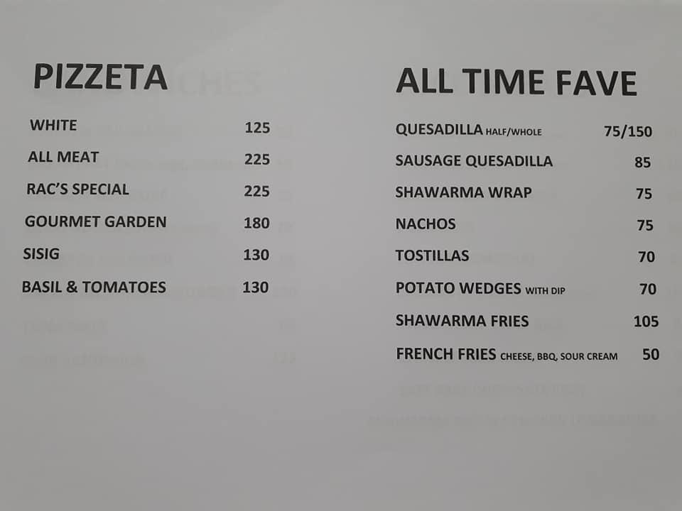 Menu at Rac's Cafe, Victorias City