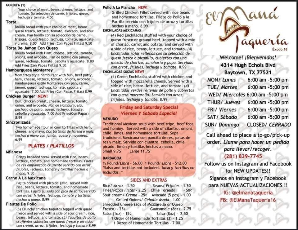 Carta del restaurante El Mana Taqueria, Baytown