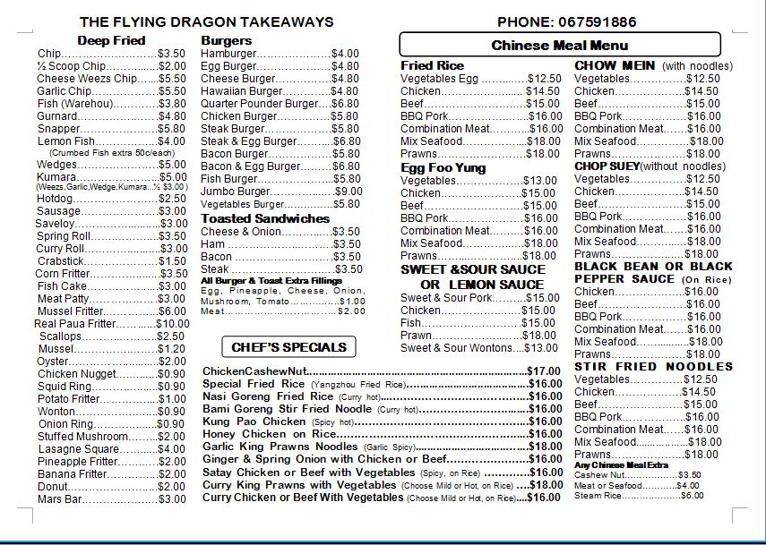 Menu at Flying Dragon Takeaways fast food, New Plymouth