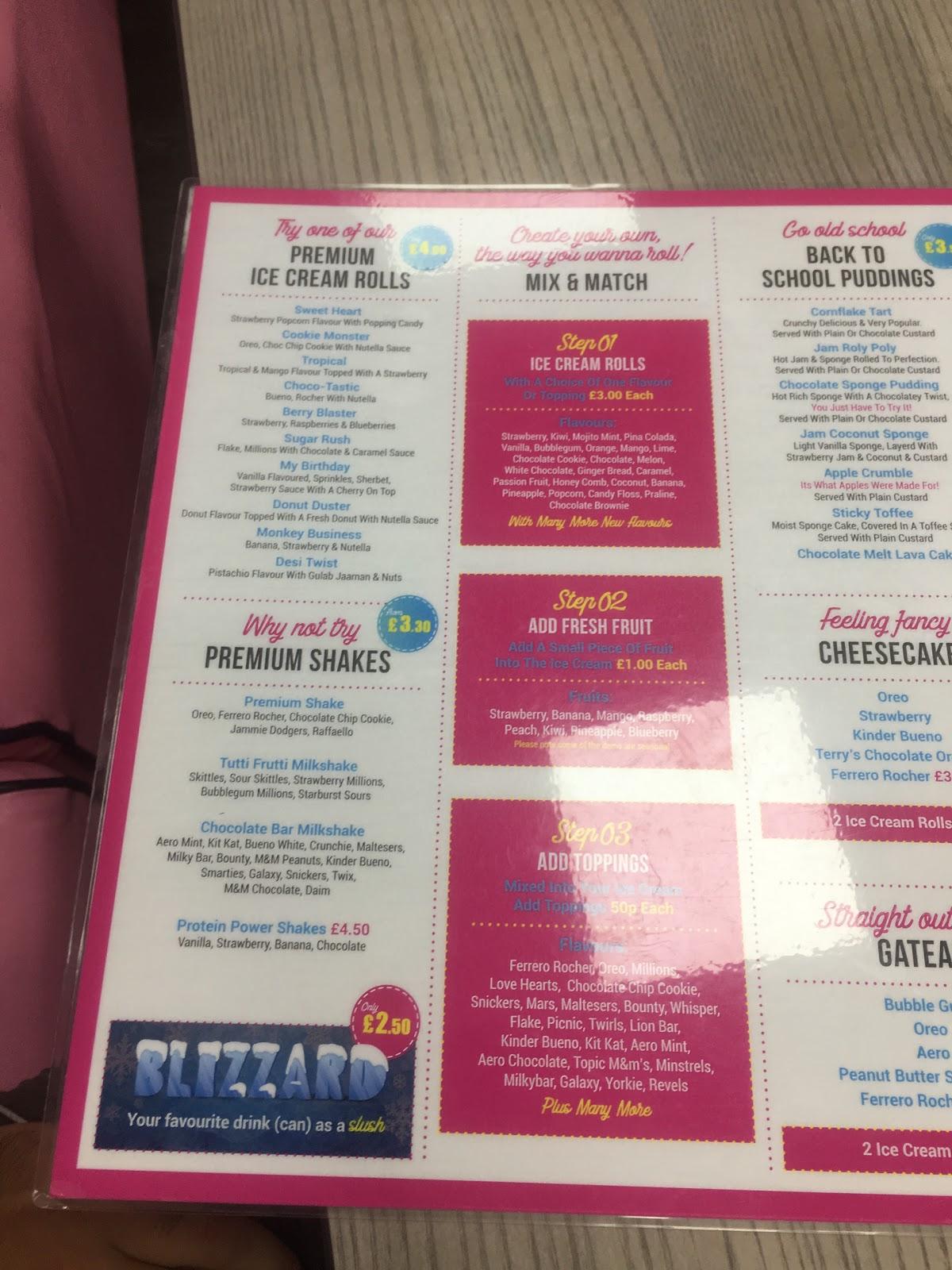 Menu at Ice Roll Factory, Keighley