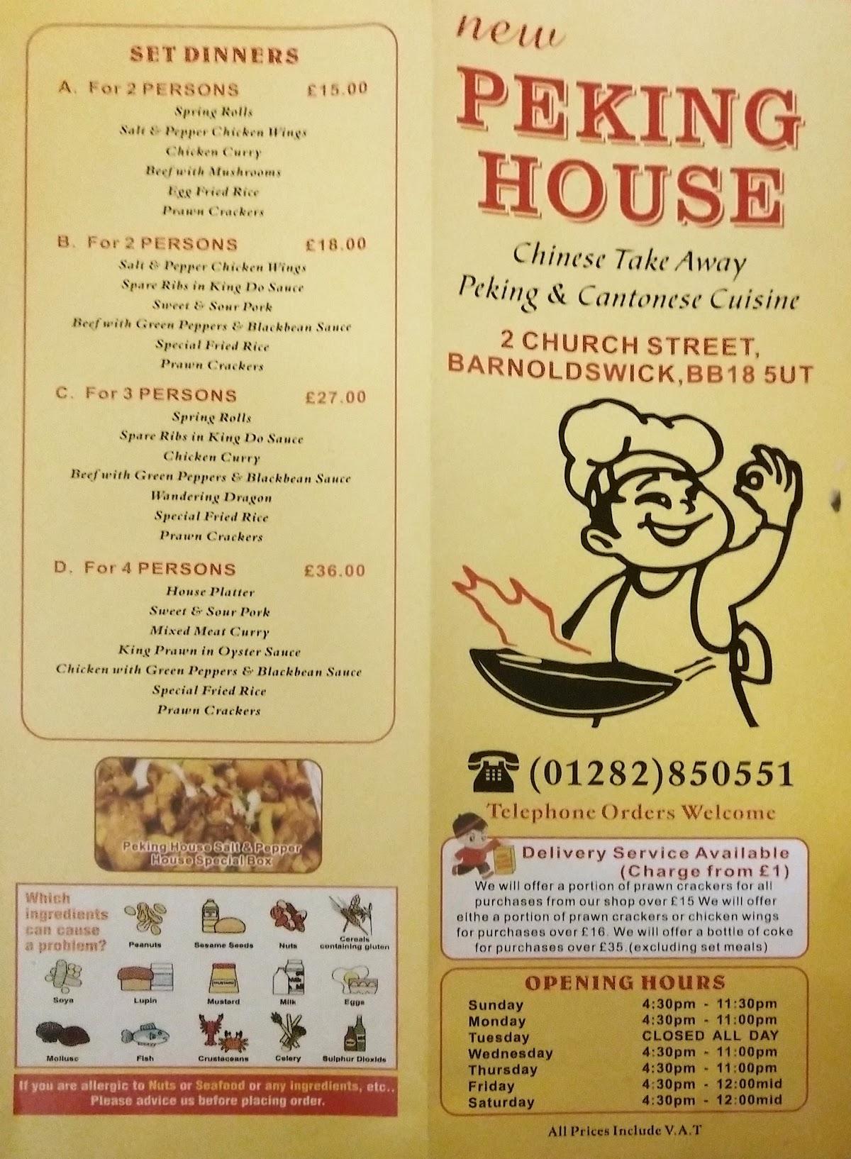 Menu at Peking House fast food, Barnoldswick