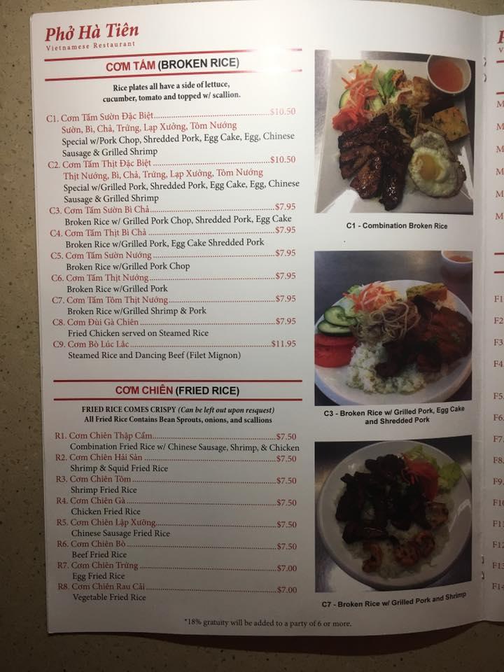 Menu at Pho Ha Tien restaurant, Pinellas Park