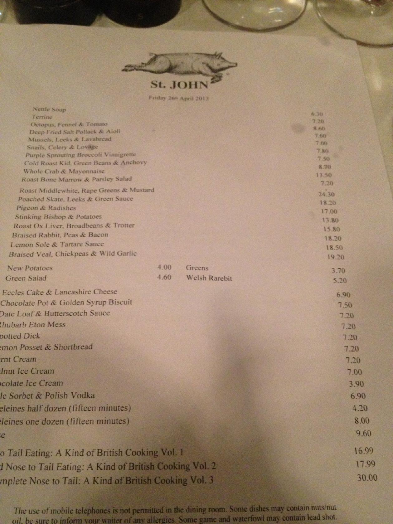 Menu at St. John pub & bar, London