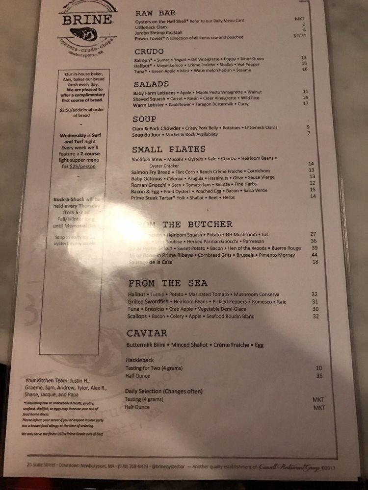 Menu at Brine Oyster • Crudo • Chops pub & bar, Newburyport