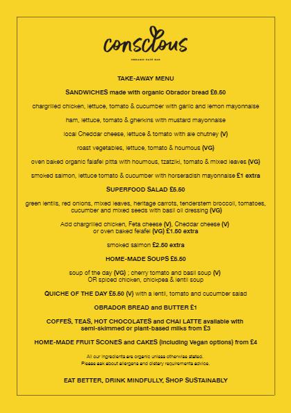 Menu at Conscious Café Bar, Bath