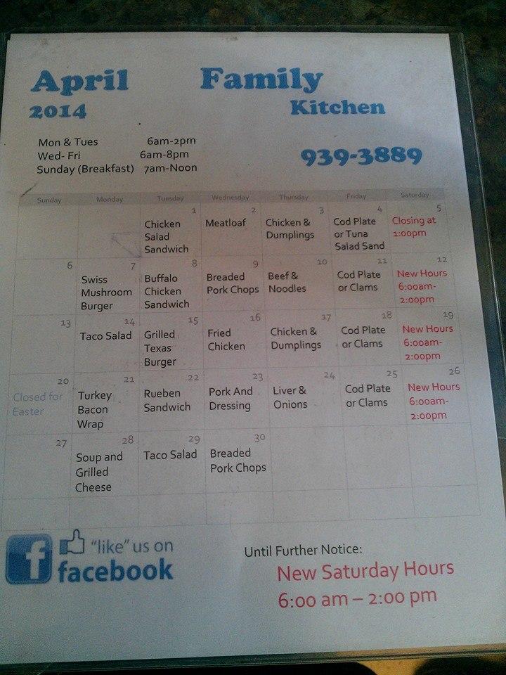 Menu at Family Kitchen restaurant, Waterloo