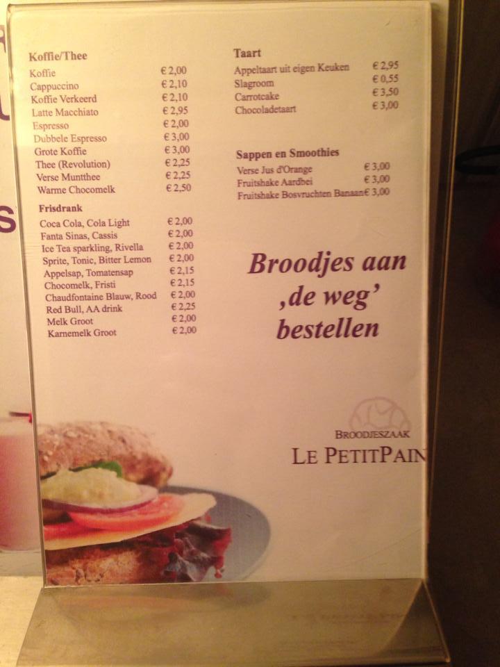 Menu at Le petit pain, Hilversum