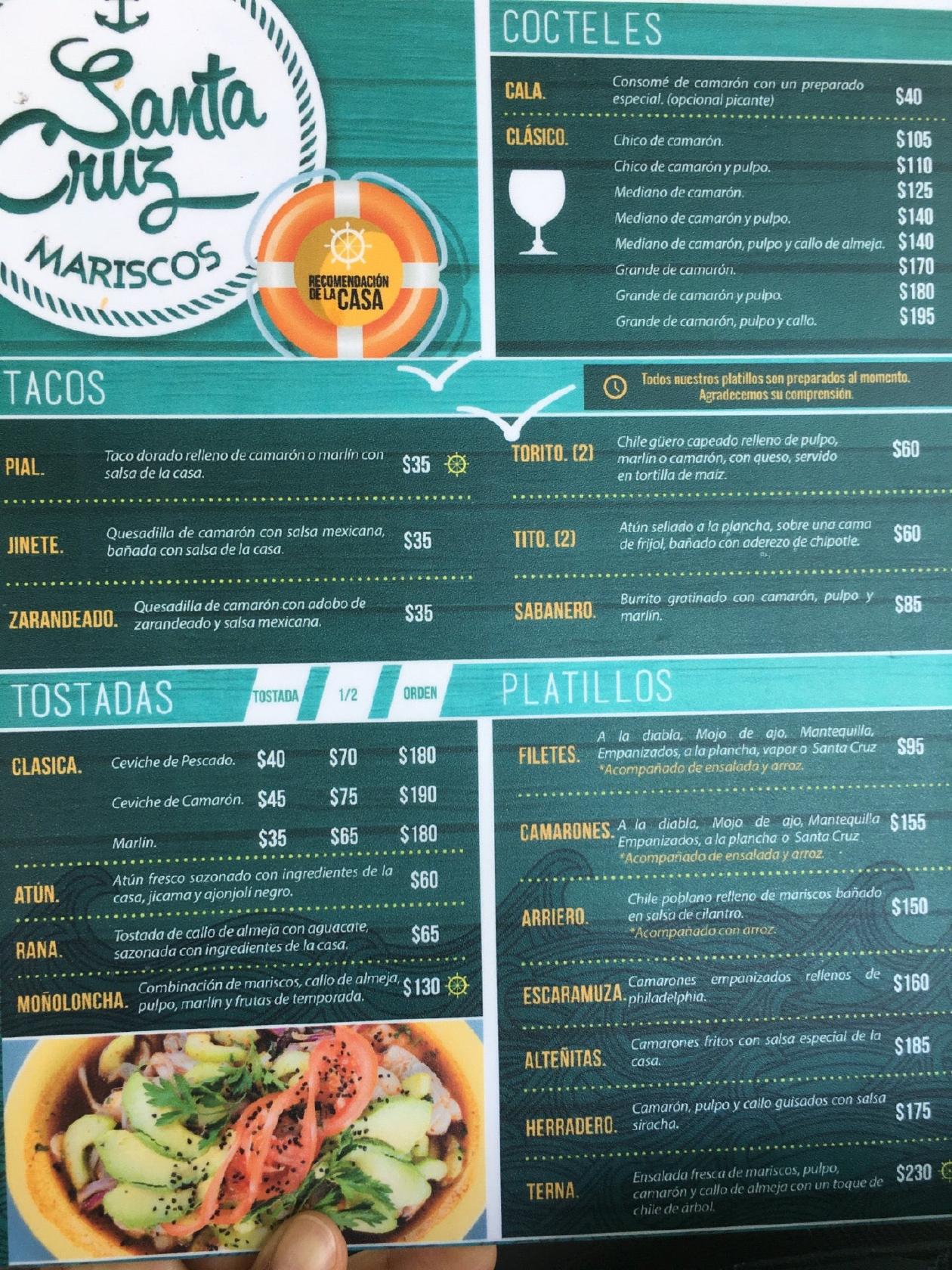Carta del restaurante Santa Cruz, Guadalajara