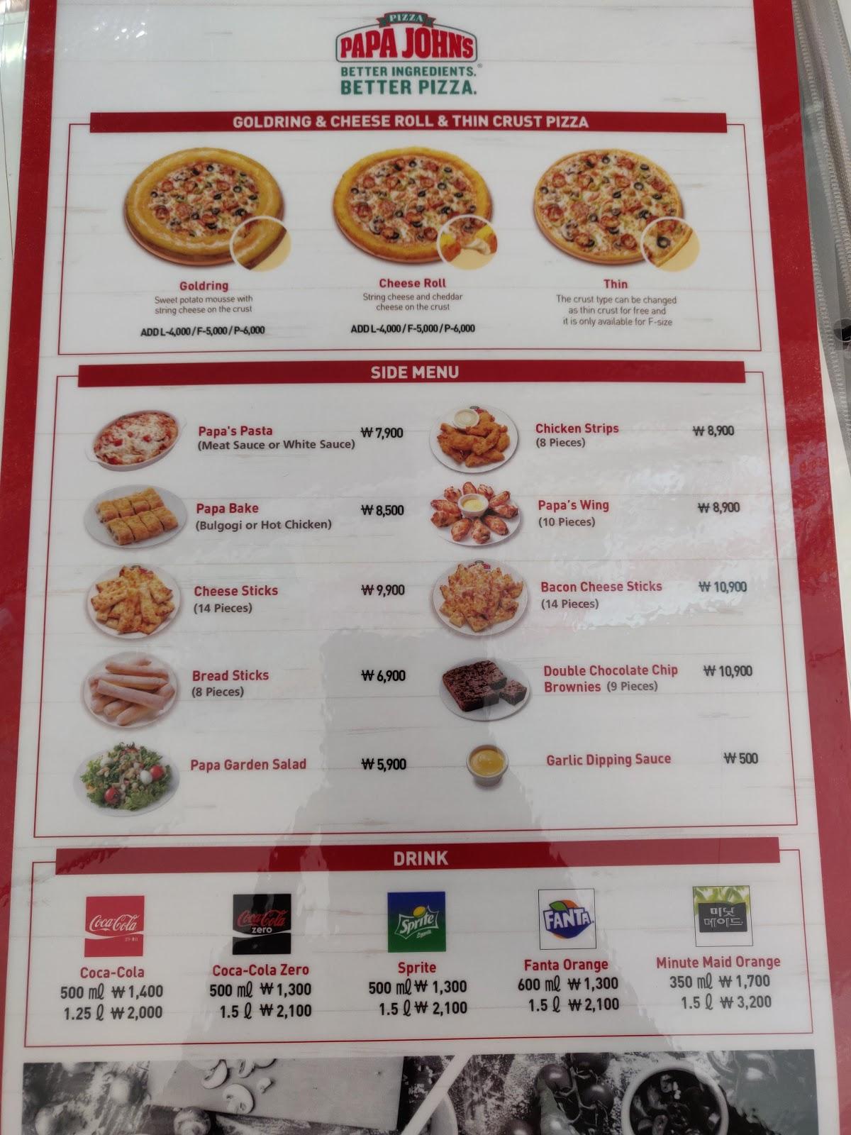 Menu at Papa John's restaurant, Seoul, 632-9 Deungchon-dong