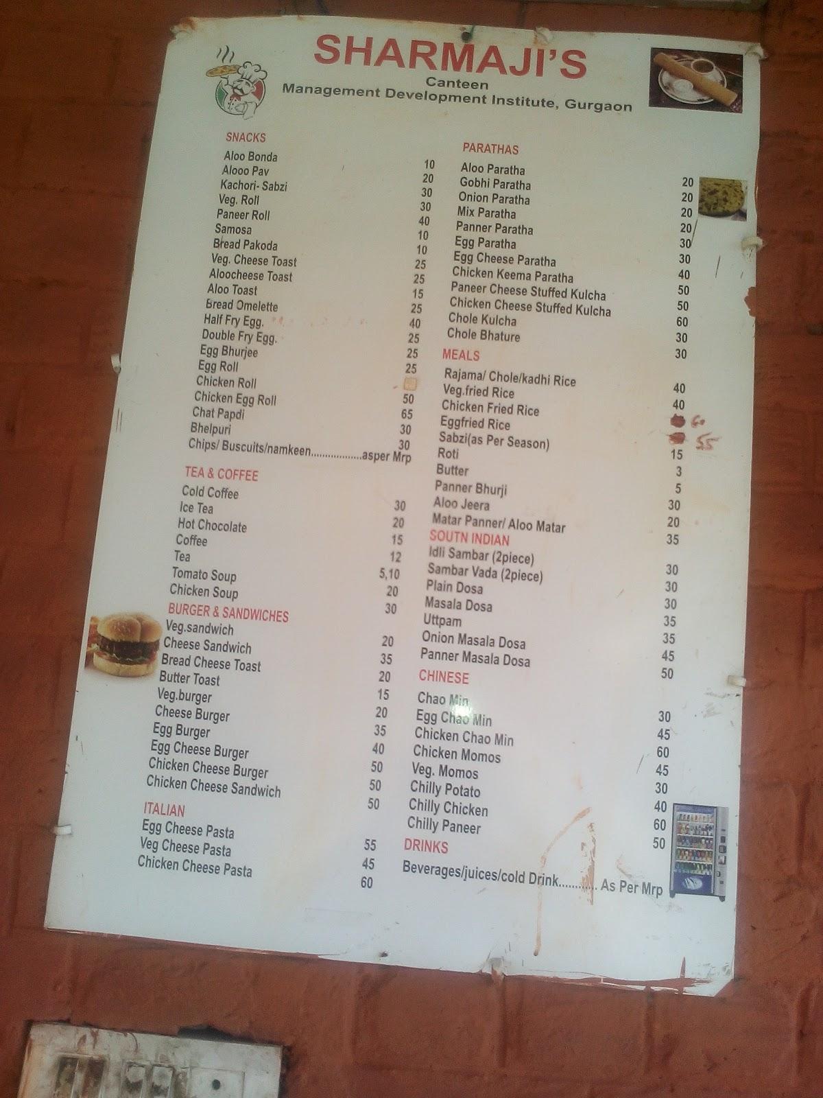 Menu at Sharma Ji, Gurugram