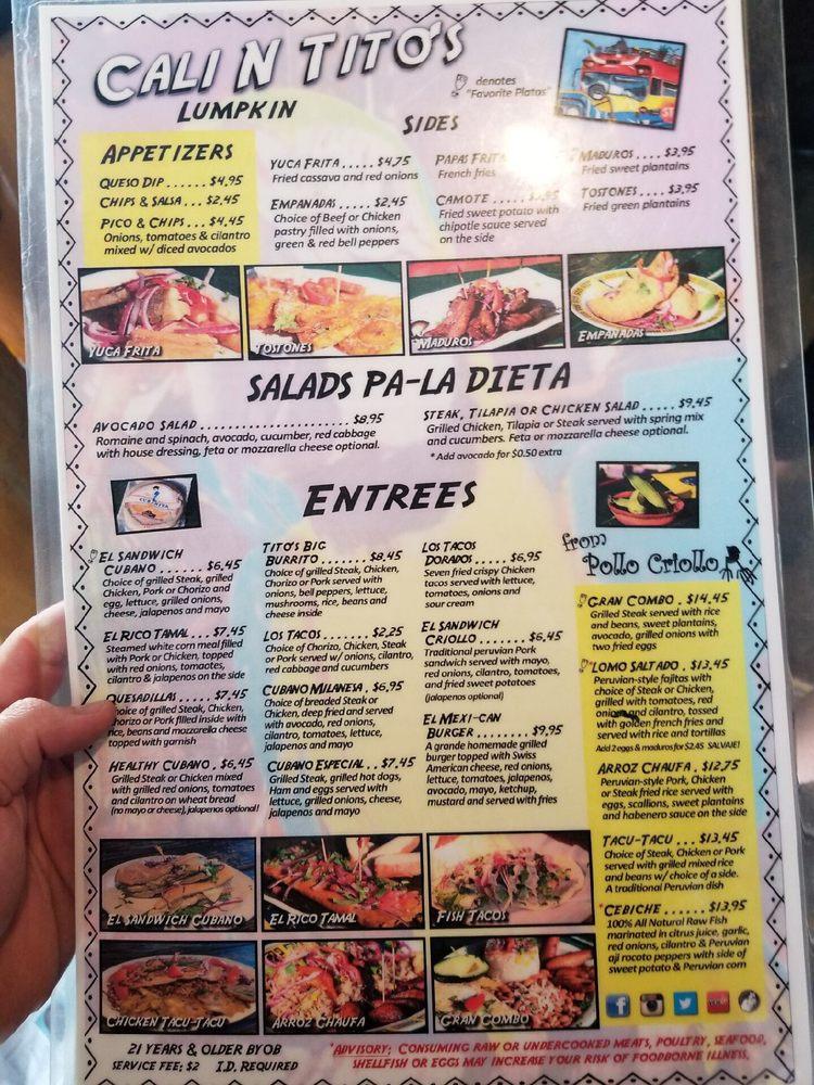 Menu at Cali N Tito's restaurant, Athens, S Lumpkin St