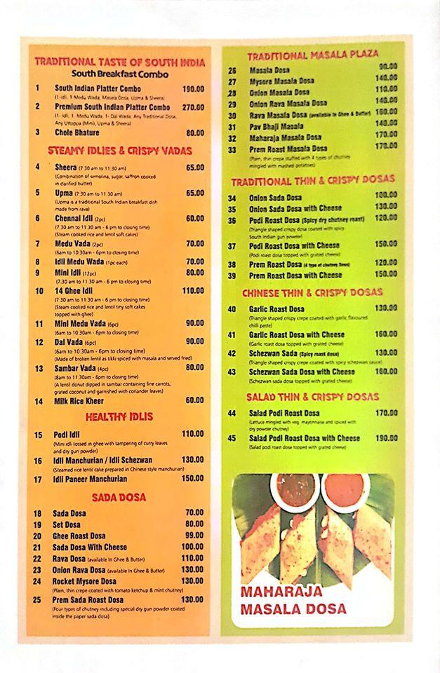 Menu at Dosa plaza, Kalka