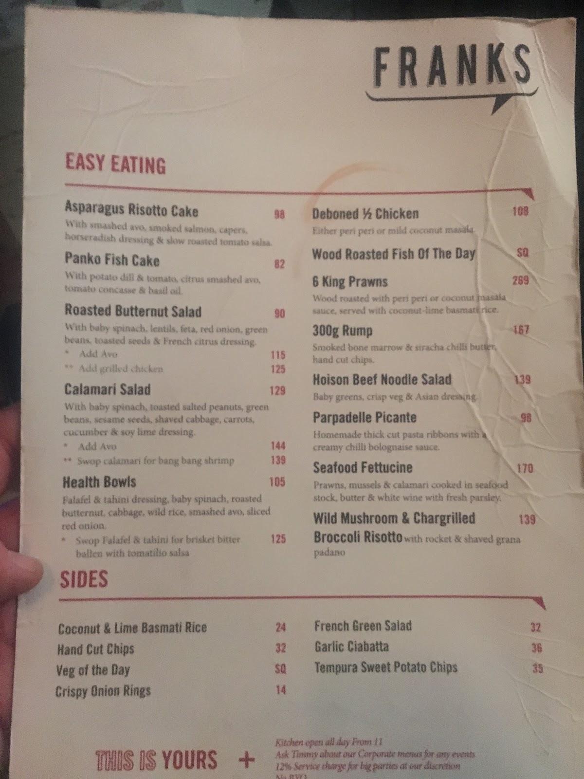 Menu at Franks restaurant, Durban North