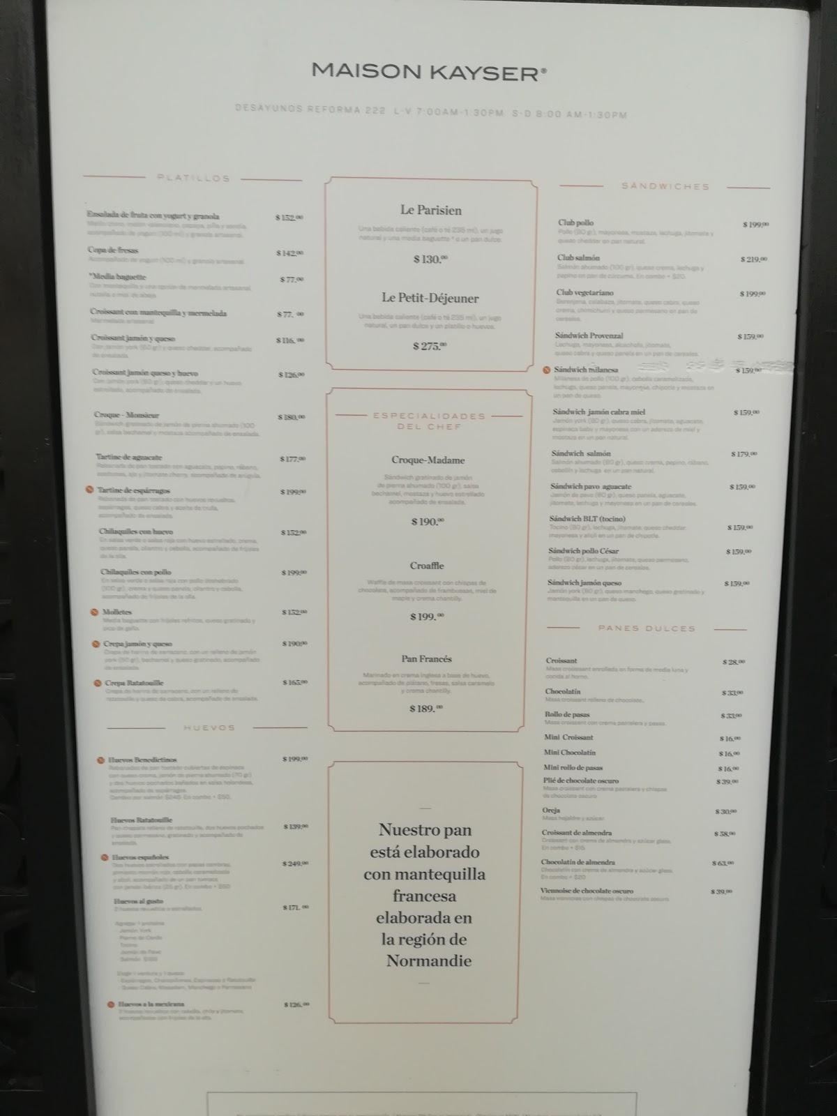 Menu at Maison Kayser Reforma 222 restaurant, Mexico City, Av. P.º de ...