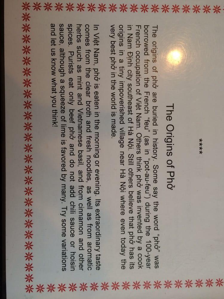 Menu at Pho Capital restaurant, Montpelier