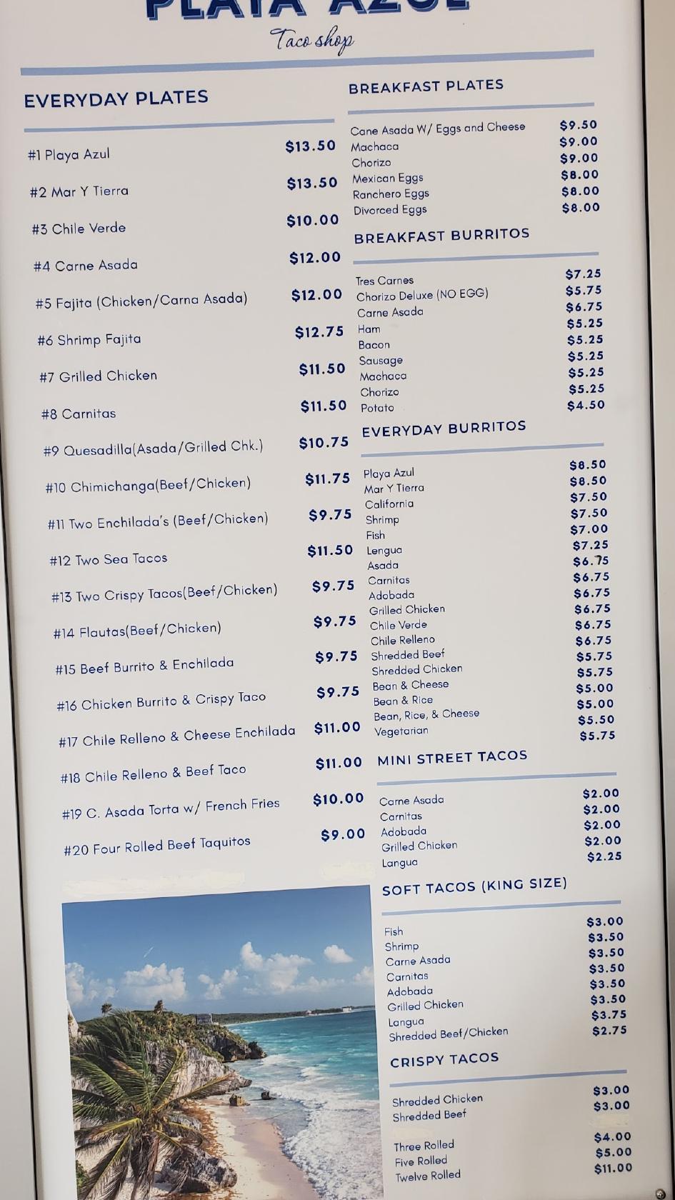 Menu at Playa Azul Taco Shop restaurant, Salina