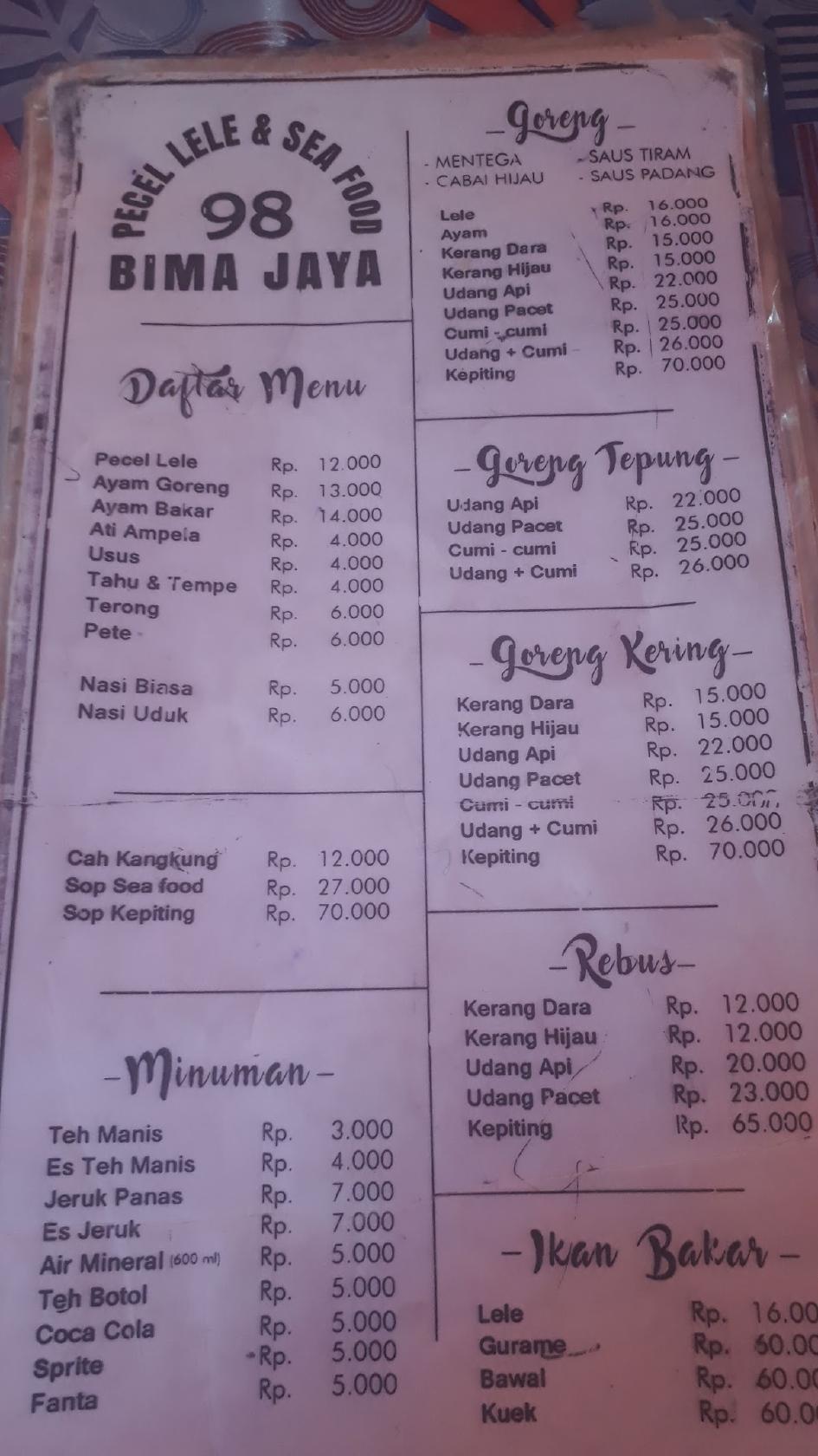Menu at SeaFood "Bima Jaya" restaurant, Central Jakarta