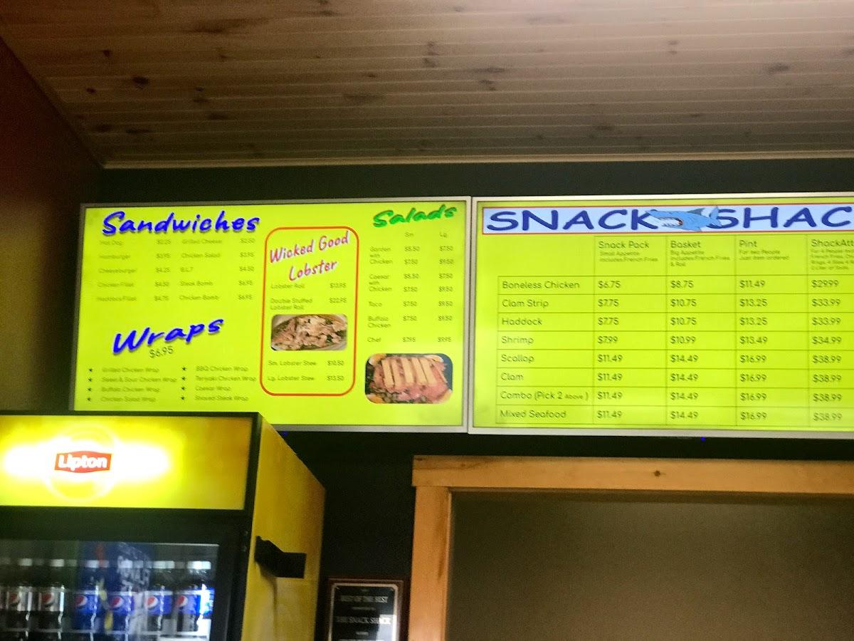 Menu at Snack Shack restaurant, Skowhegan, 100 Waterville Rd