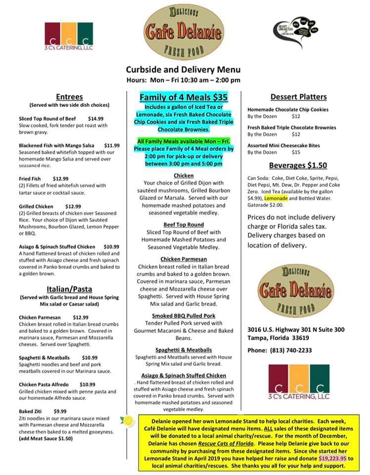 Menu at Cafe Delanie, Tampa