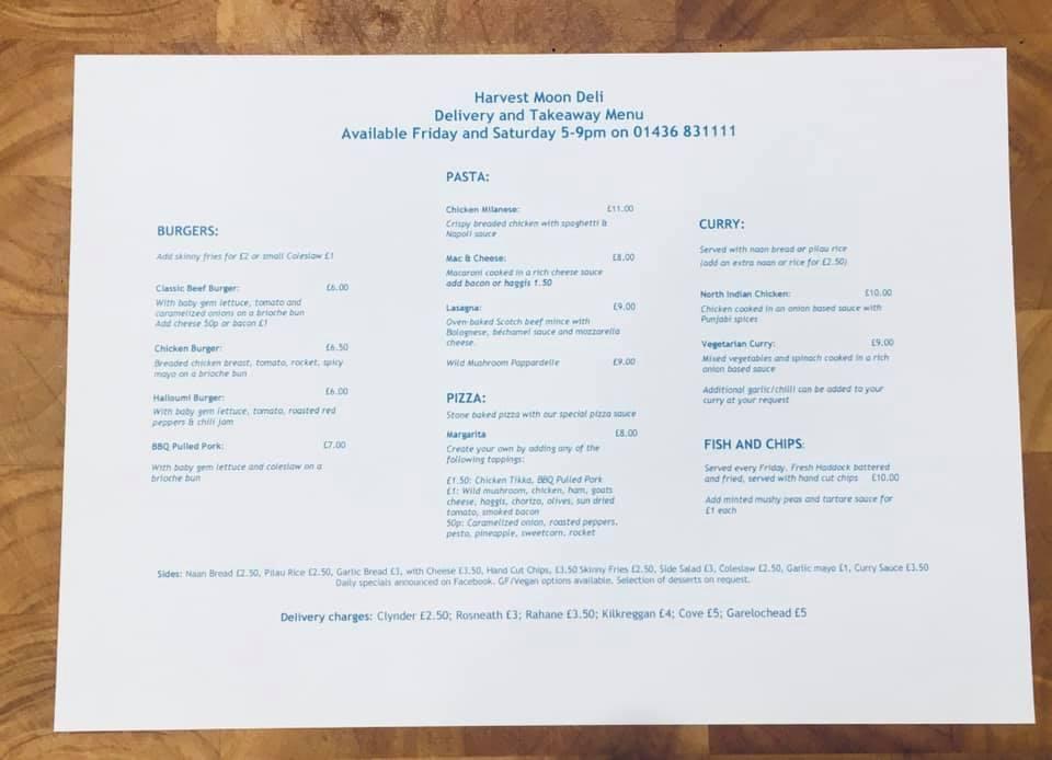 Menu at Harvest Moon Deli restaurant, Rosneath
