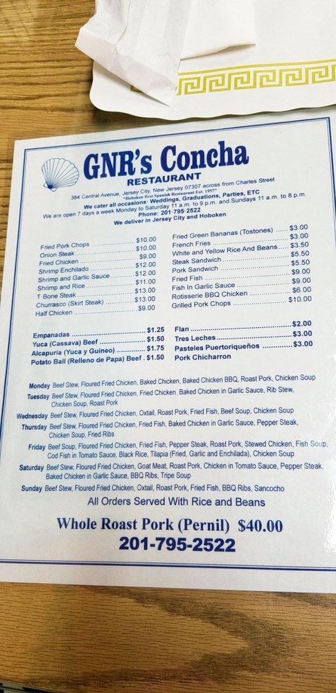 Menu at La Concha restaurant, Jersey City