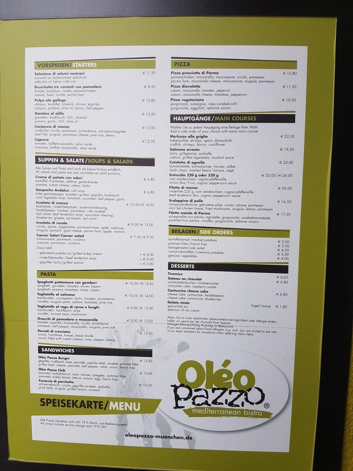 Menu at Oléo Pazzo Restaurant/Bar, Munich, Schwanthalerstraße 37