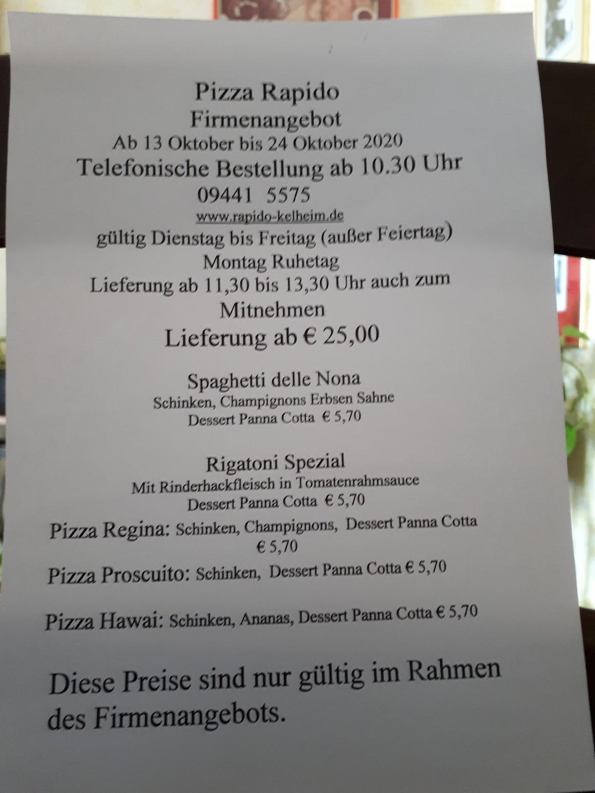 Menu at Pizzeria Rapido, Kelheim
