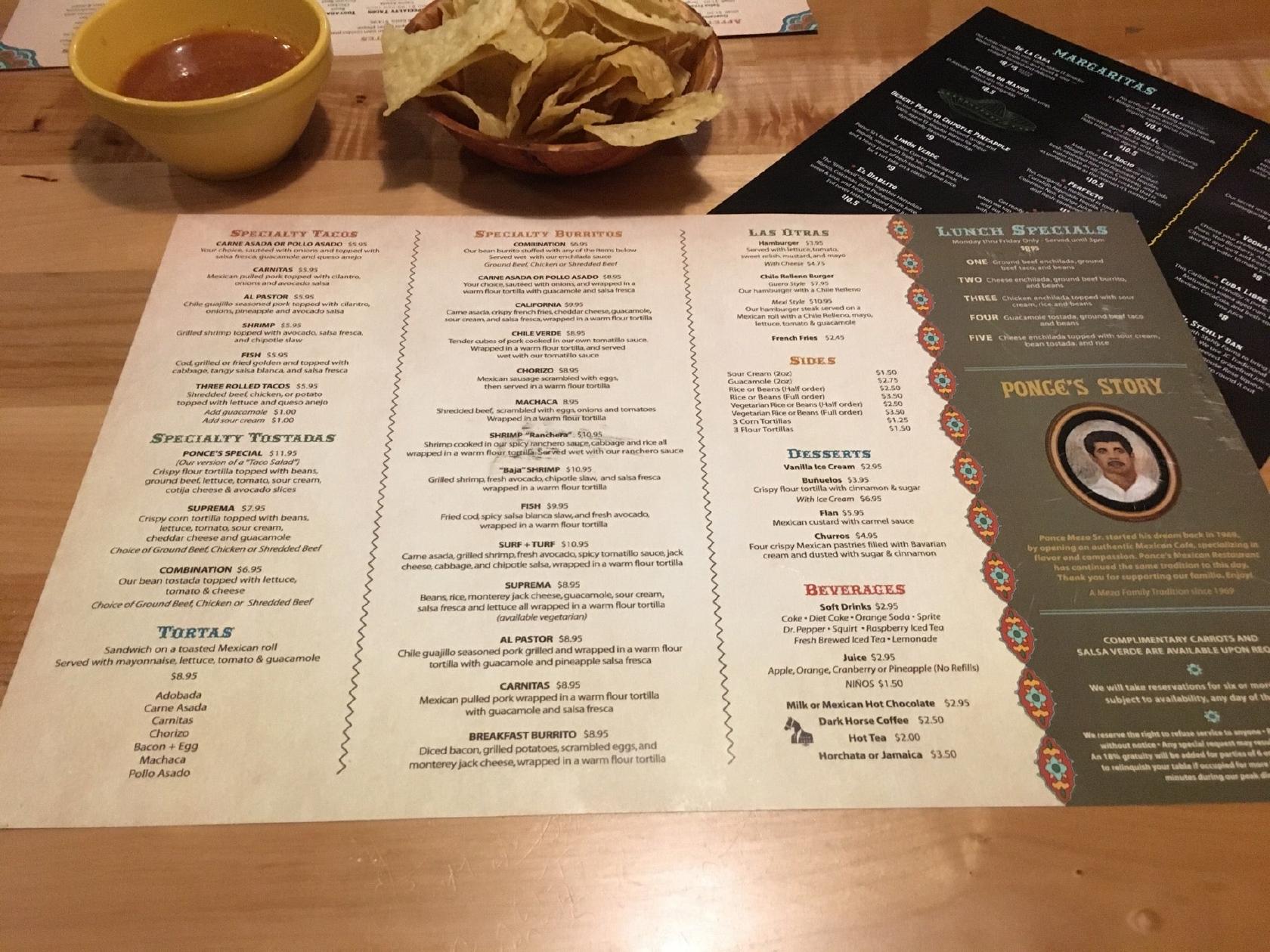 Menu at Ponce's restaurant, San Diego, Adams Ave