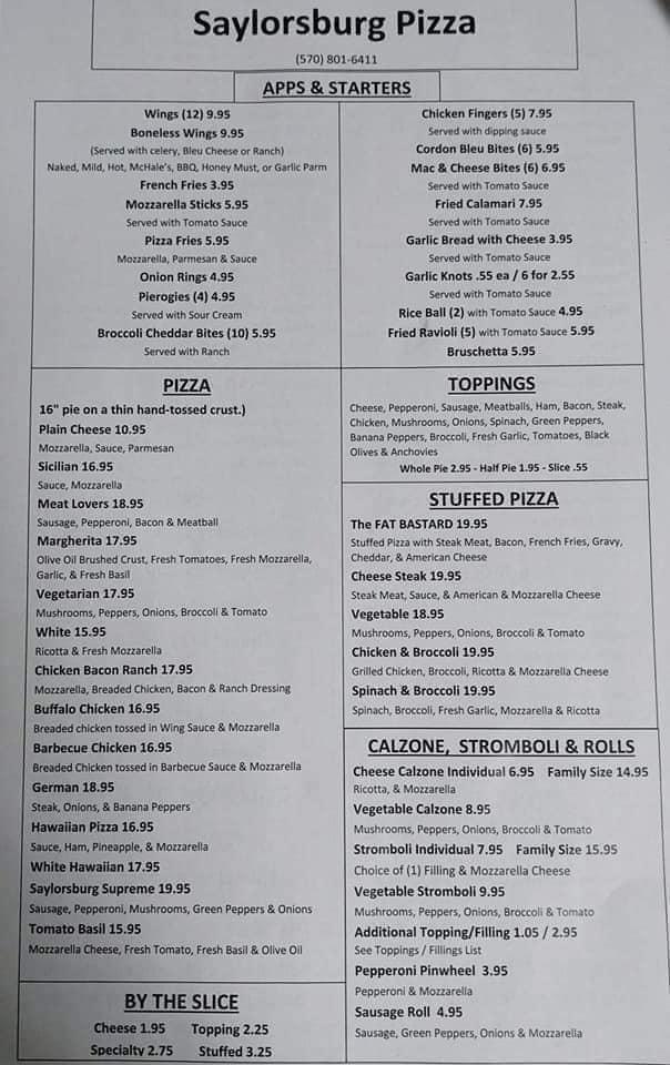 Menu at Saylorsburg pizza pizzeria, Saylorsburg