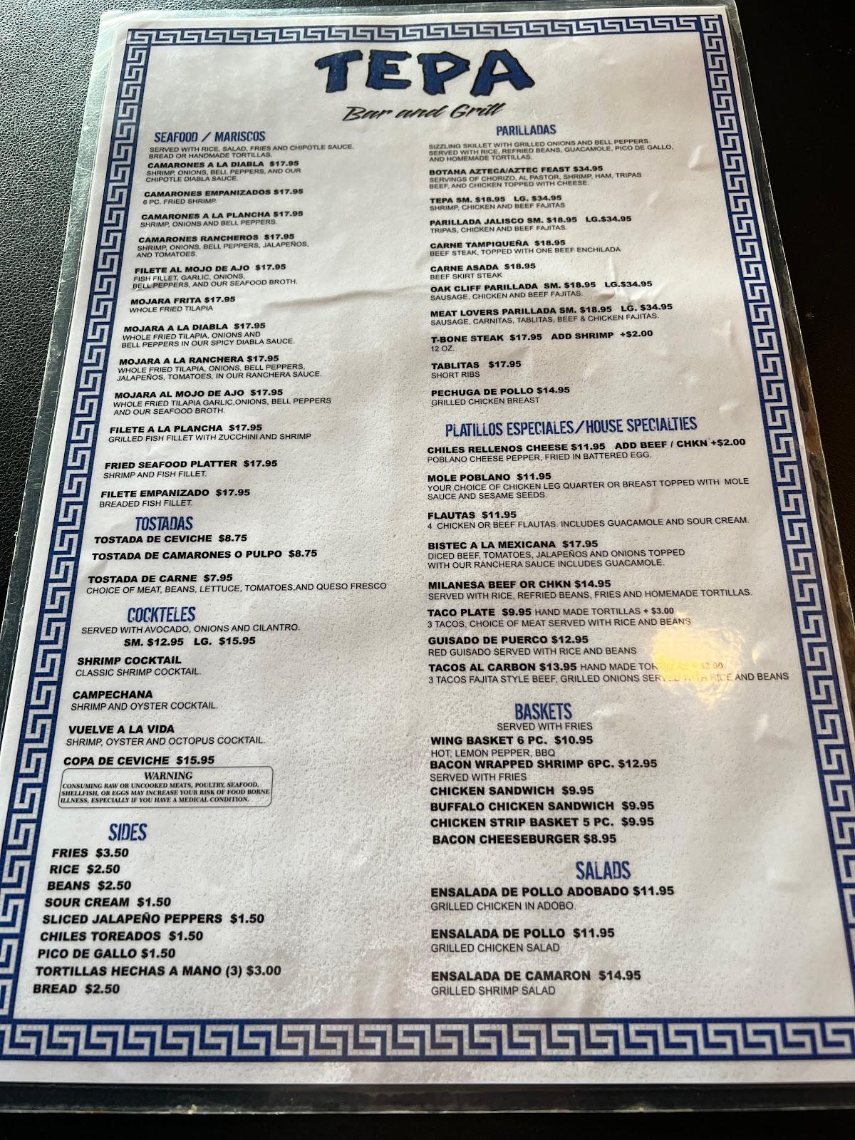 Menu at Tepa Bar and Grill, Dallas