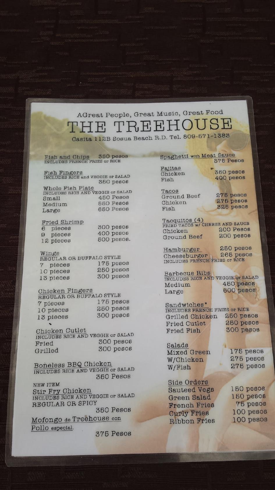 Menu at The Tree House pub & bar, Sosúa