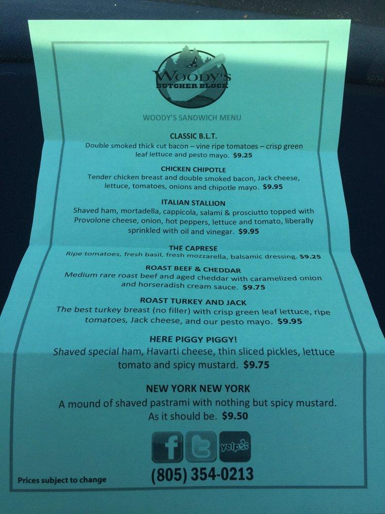 Menu at Woody's Butcher Block restaurant, Santa Maria