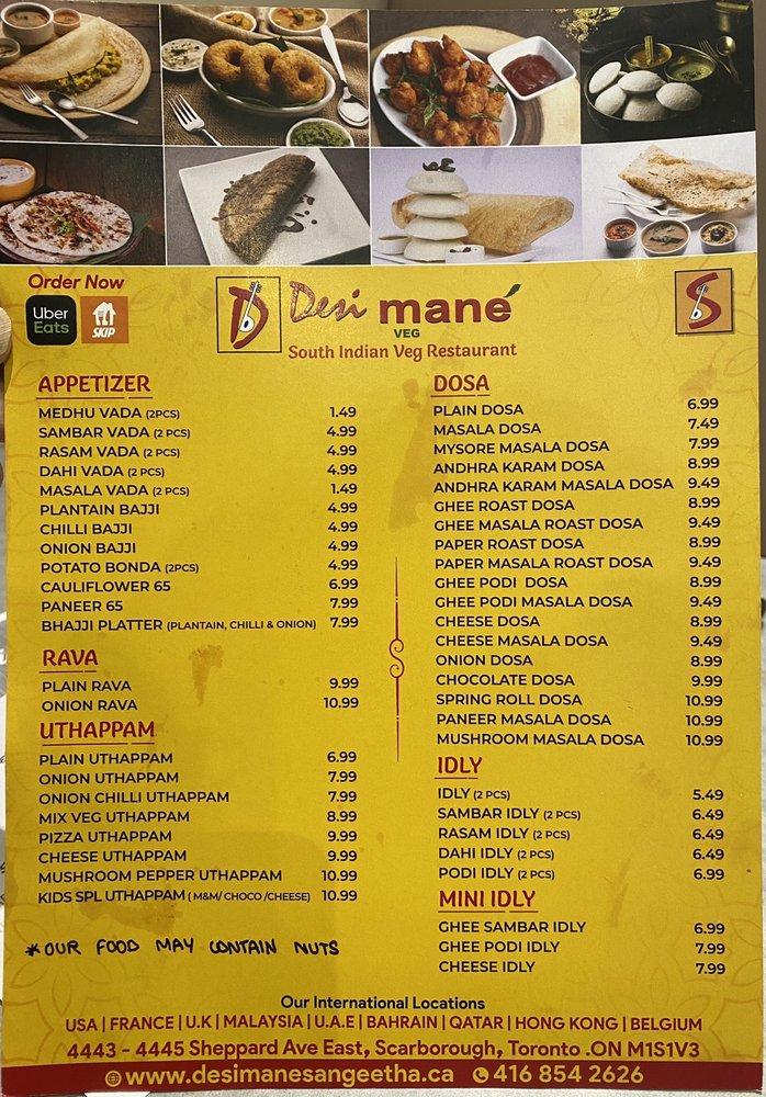 Menu at Desi Mane restaurant, Toronto
